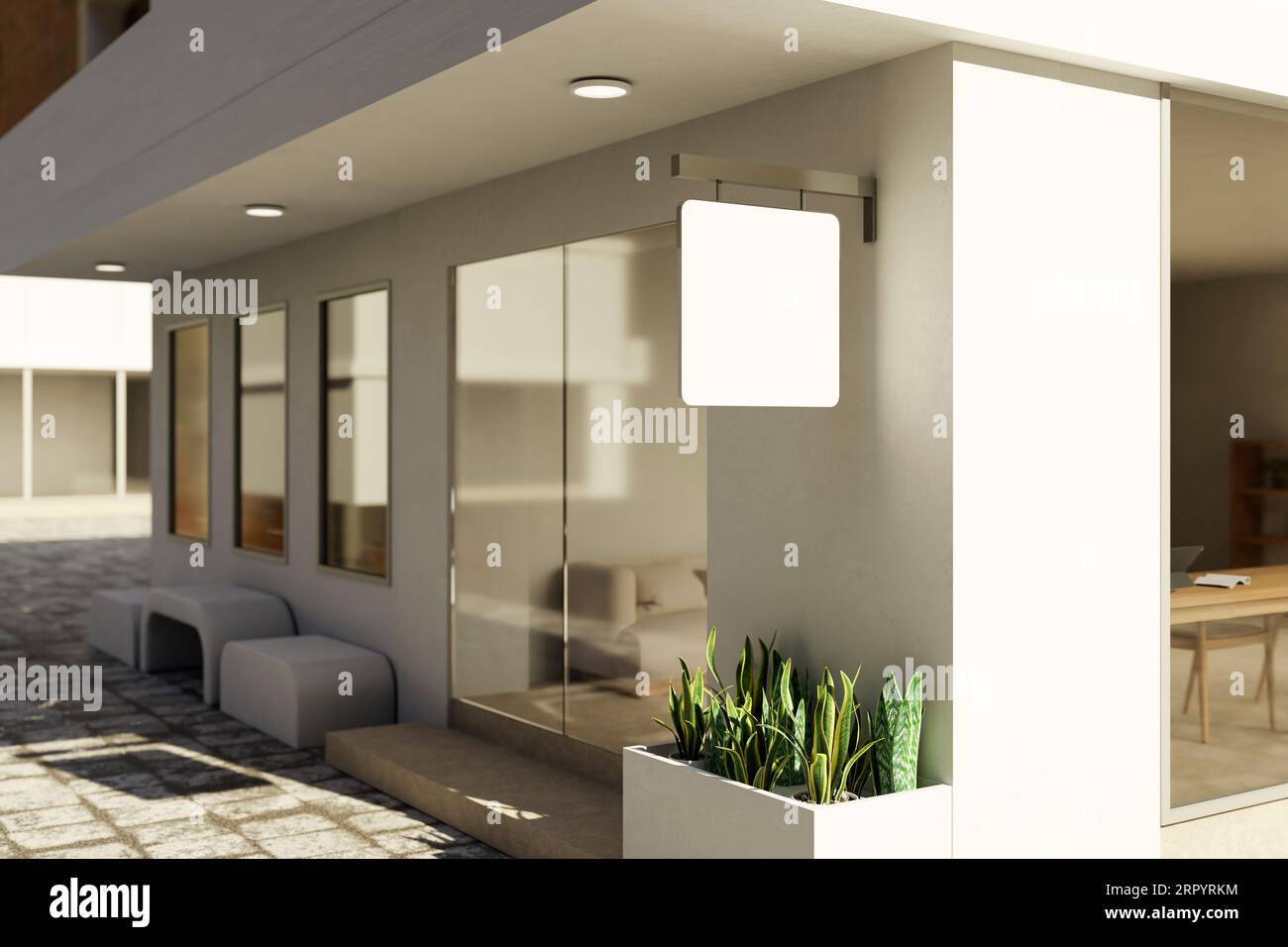 A modern minimal cafe or store exterior design with a blank minimal ...