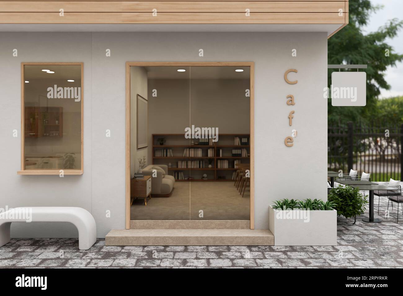 A beautiful minimal cafe exterior design with entrance door, outdoor ...