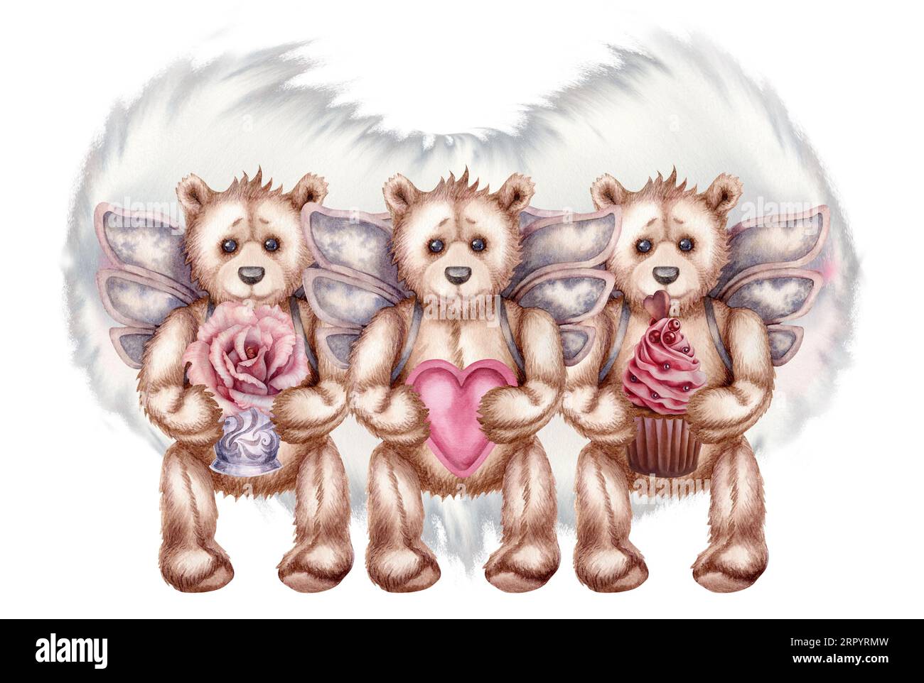 Watercolor teddy bears angel with pink hearts, cupcakes and a flower ...