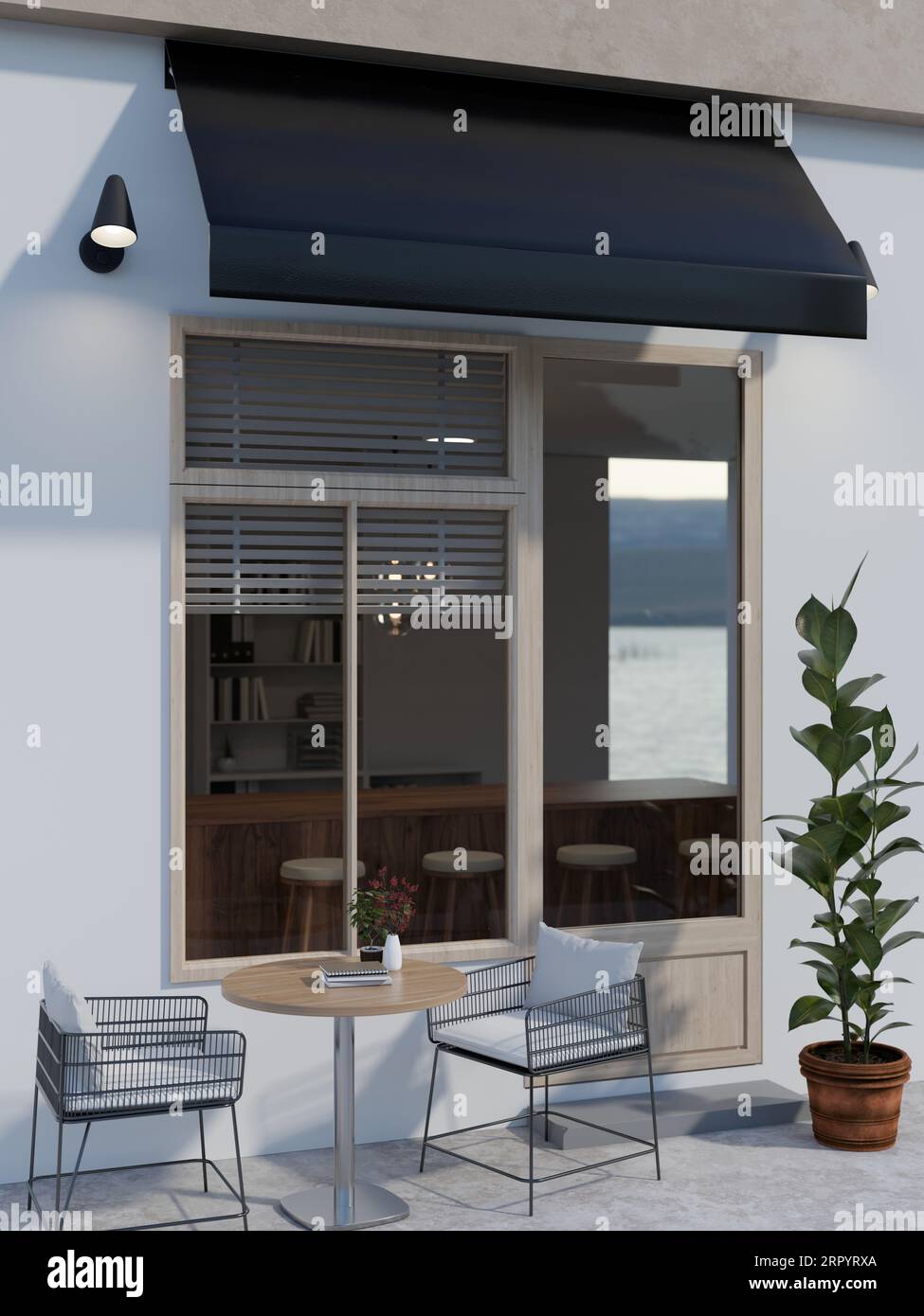 Exterior of a modern minimalist coffee shop or cafe's entrance door ...