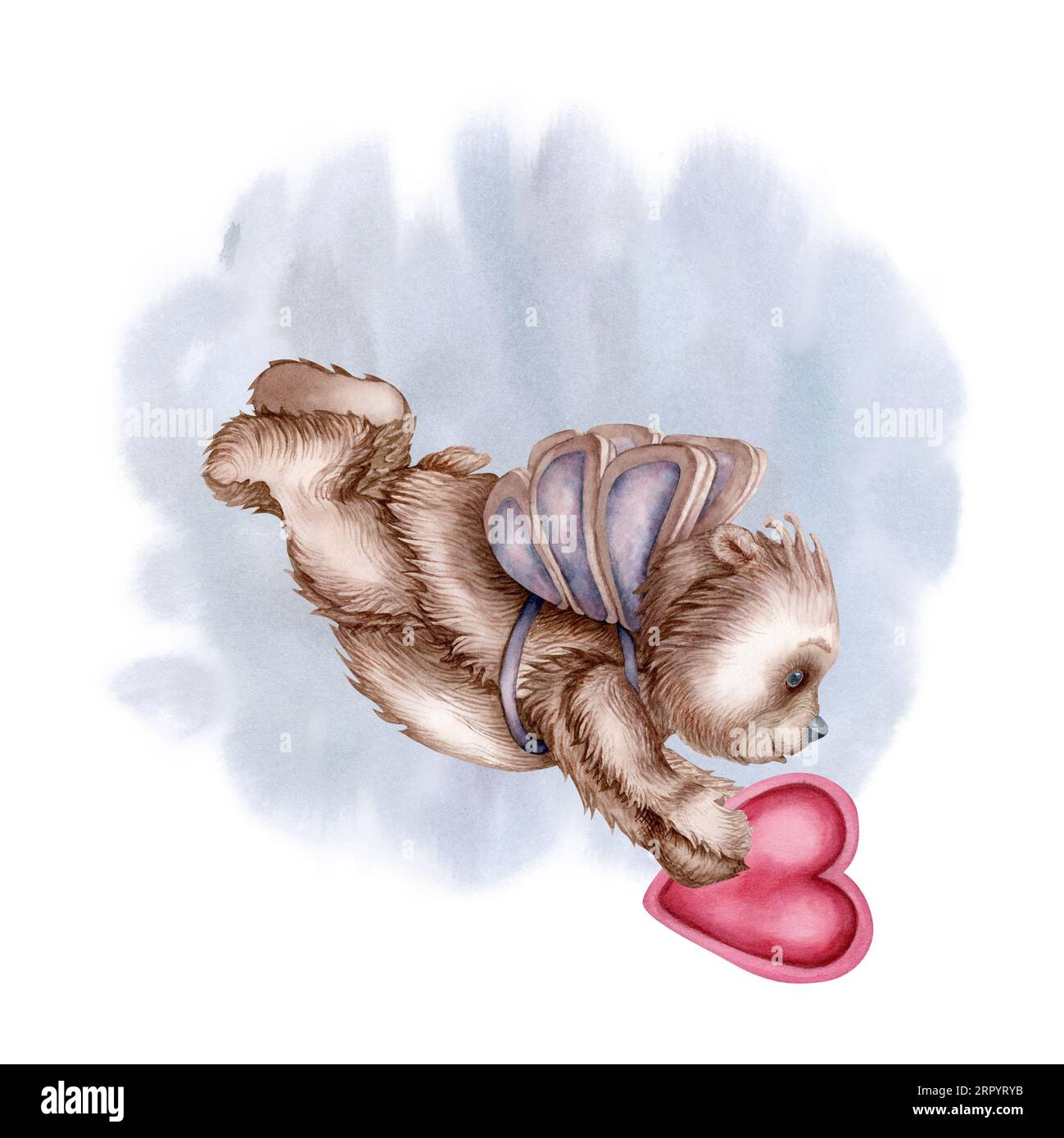 Watercolor bear angel with pink heart for Valentine's Day, birthday, wedding. Elements isolated ...