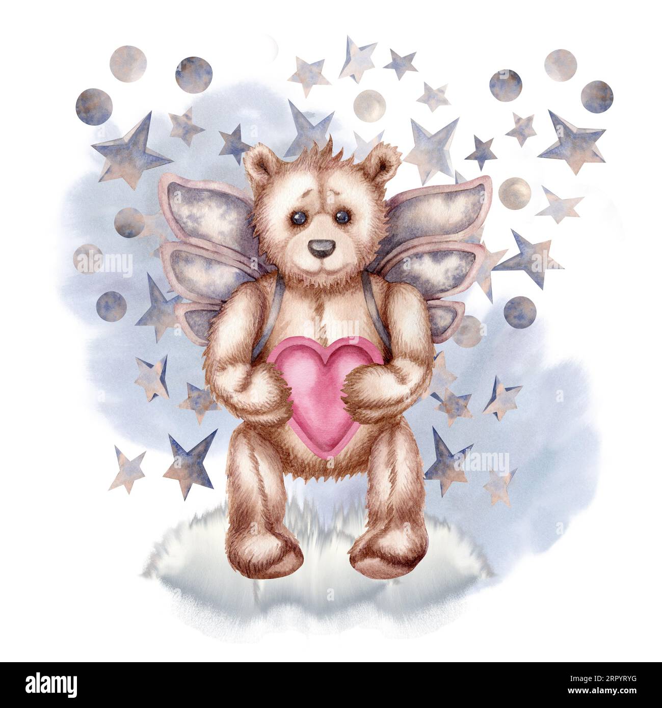 Watercolor bear angel with pink heart, stars, clouds, planets for Valentine's Day, birthday ...
