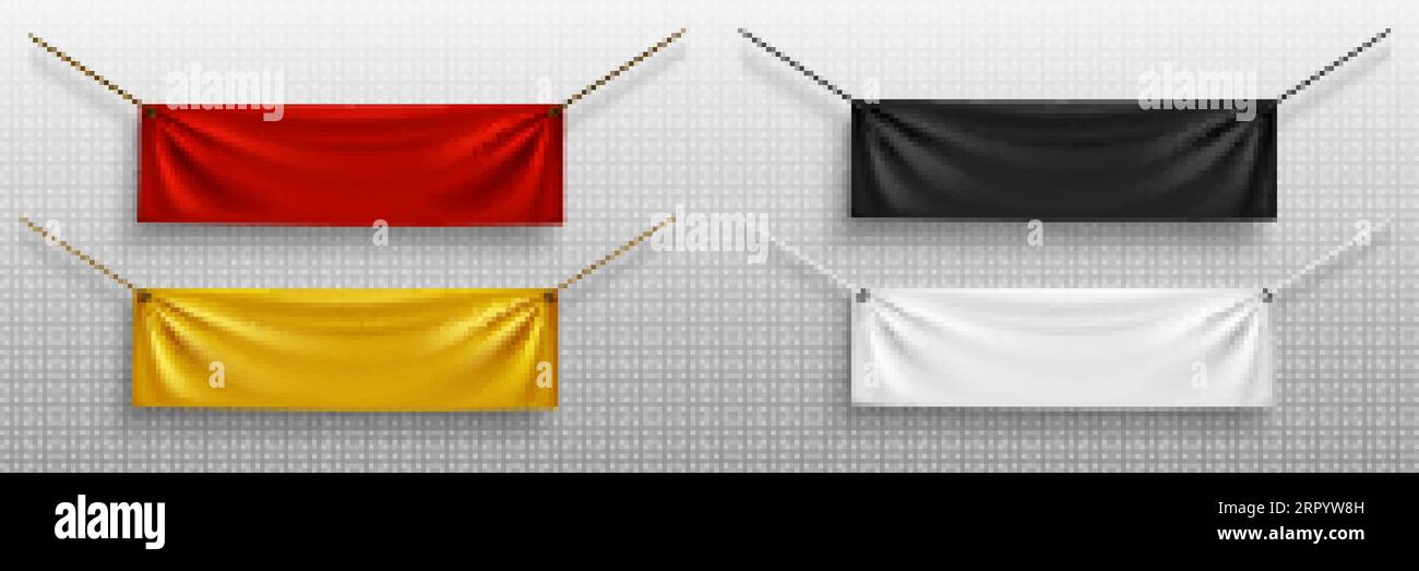 Realistic set of fabric banners hanging on ropes isolated on ...