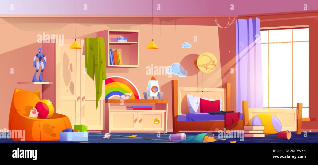 Messy teenagers room with dirty furniture. Vector cartoon illustration ...