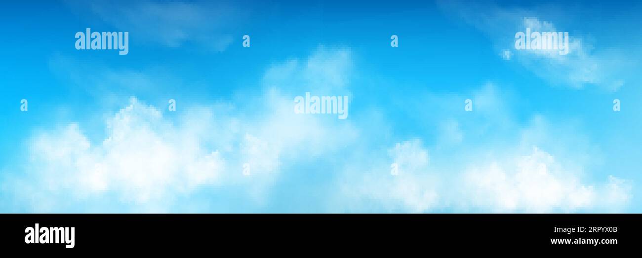 3d realistic sky background with fluffy cloud vector texture. Blue air ...