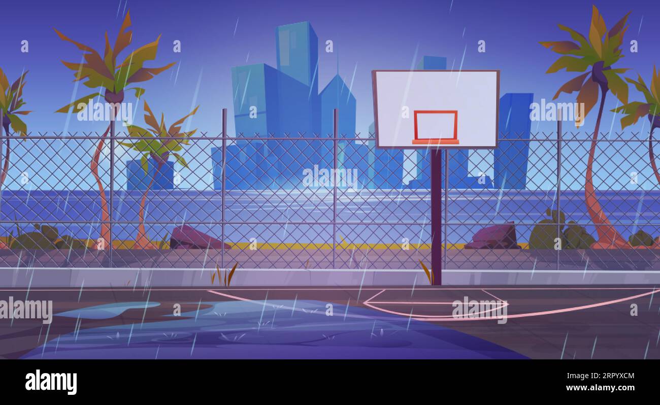 Rainy street basketball court and cityscape skyline. Outdoor playground ...