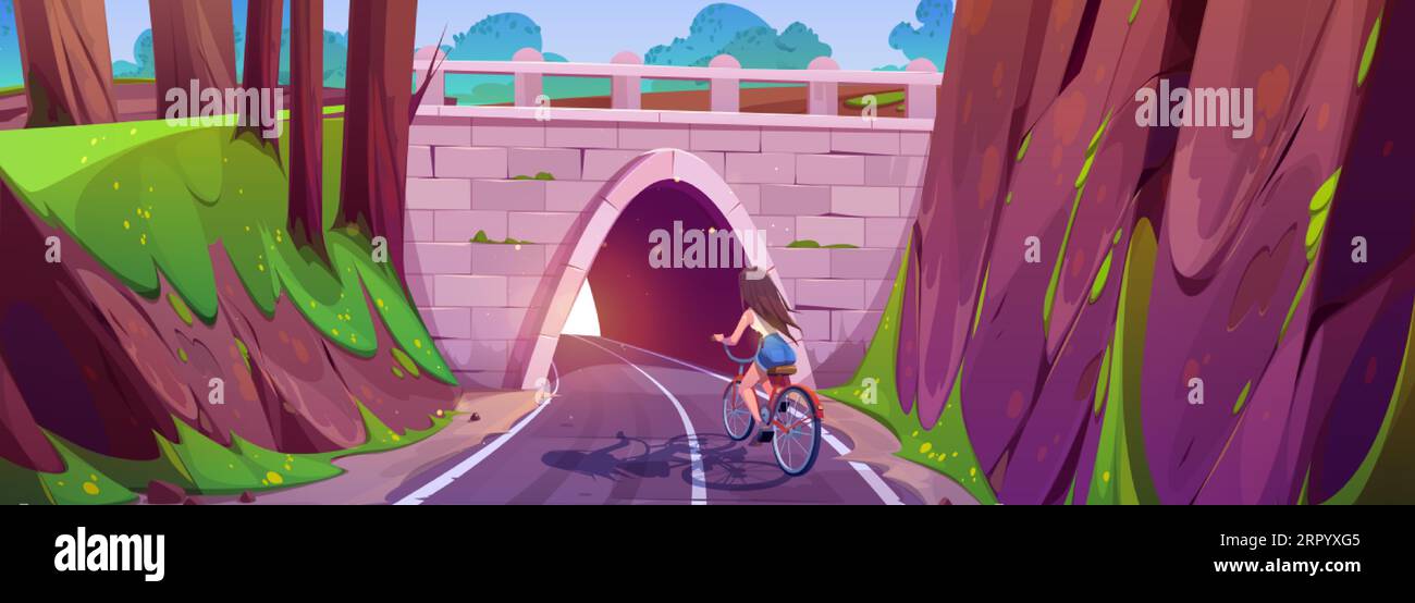 Girl ride bicycle on tunnel entrance road cartoon. Mountain freeway ...