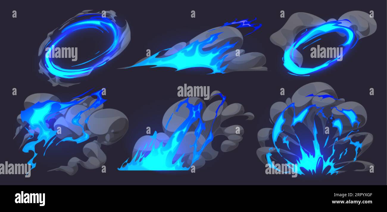 Comic effects with fire and smoke clouds of bomb blast, magic spell ...