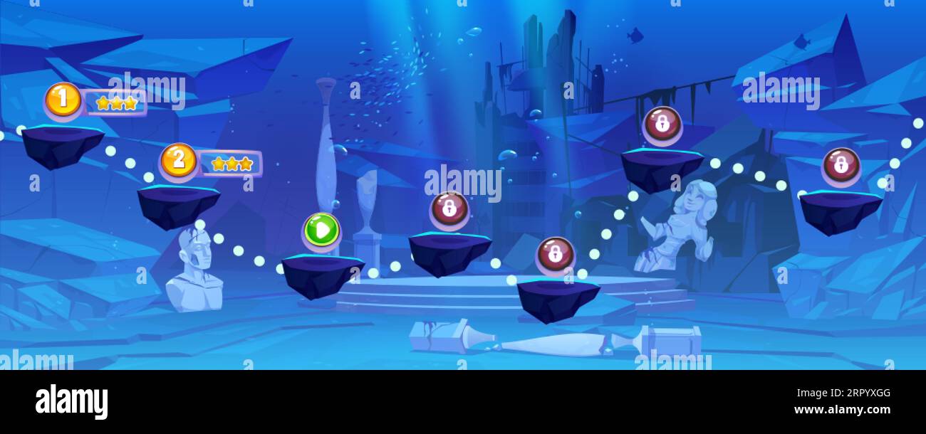 Underwater ocean game level map ui cartoon vector background. Deep ...