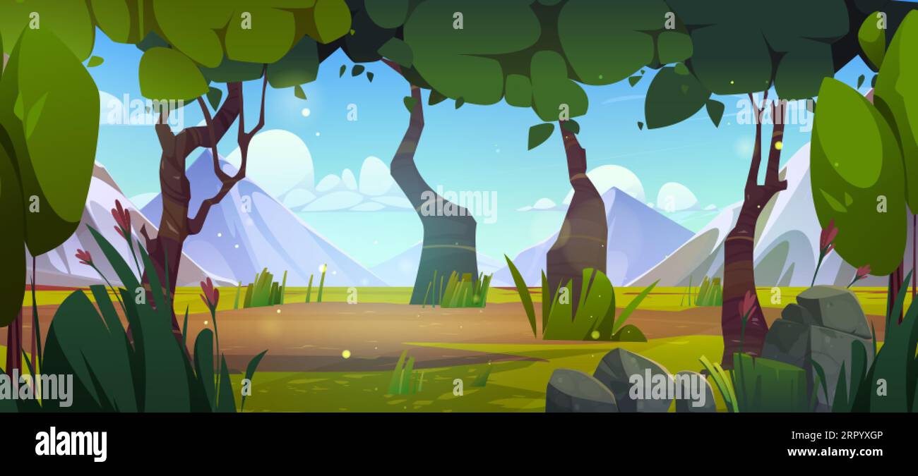 Green field in forest landscape vector background. Summer mountain ...