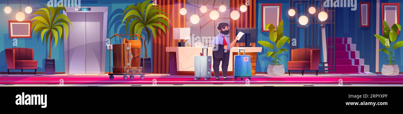 Man with luggage in hotel lobby room wait checkin cartoon background ...