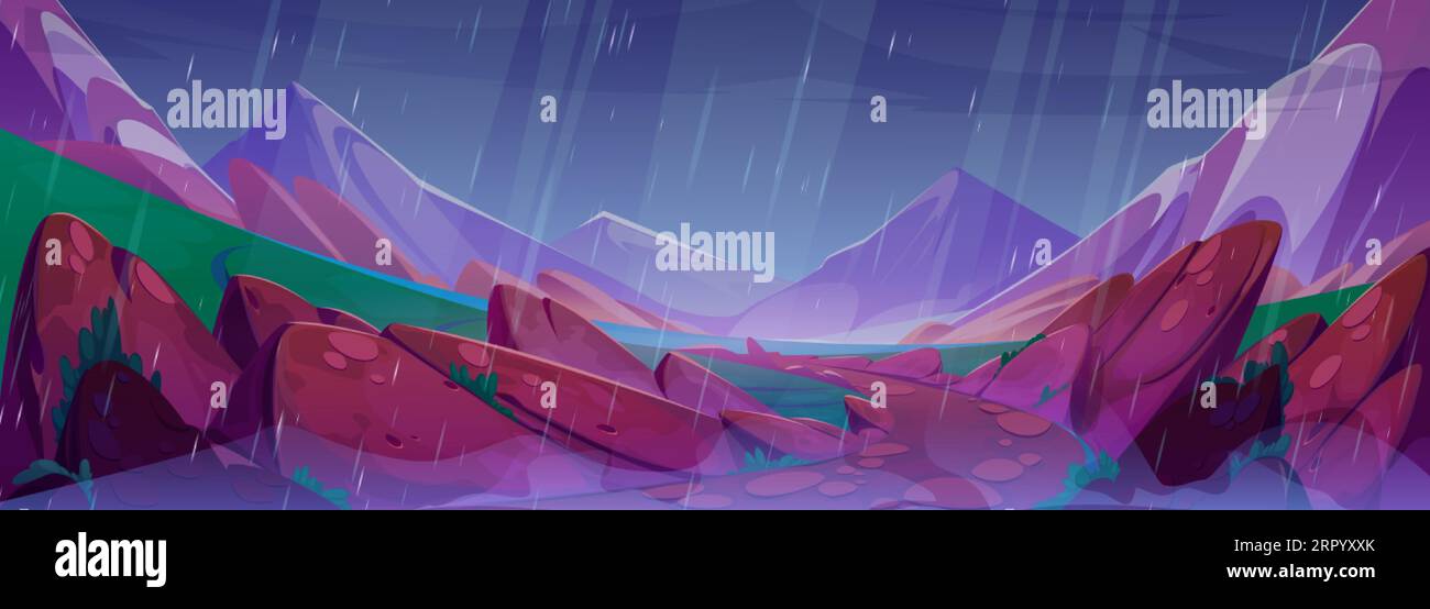 Rainy weather in mountains with valley river. Vector cartoon ...