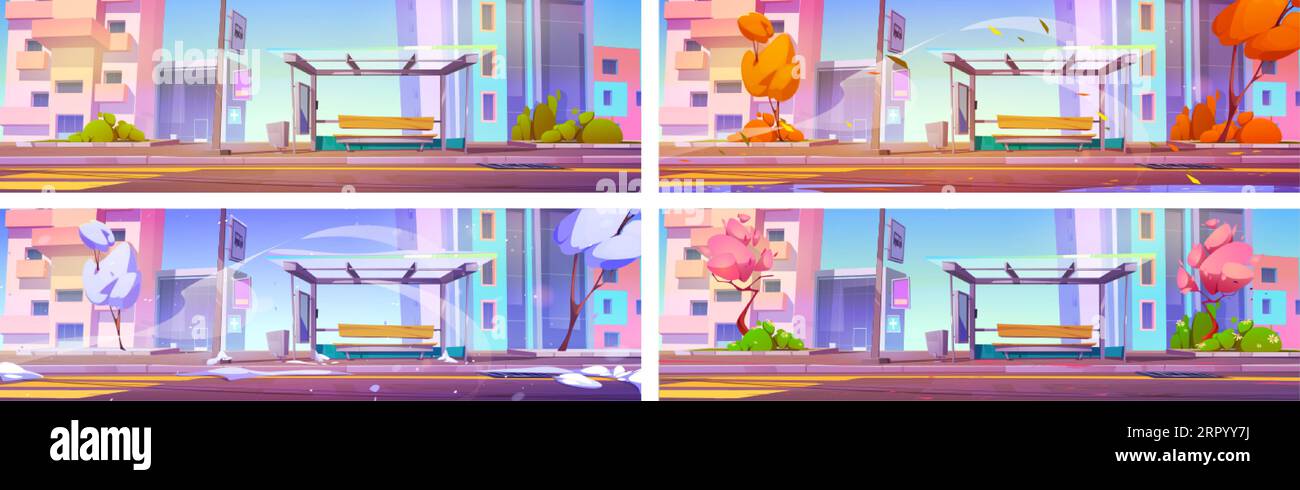 Bus station on city street road season vector set. Urban public ...