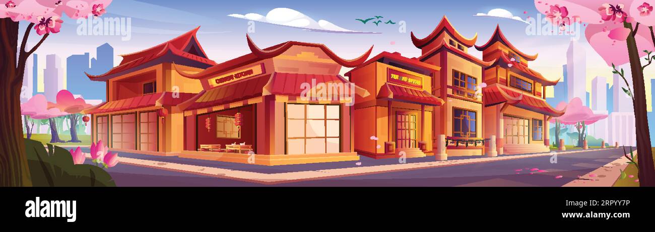 Chinese restaurant building on town street cartoon illustration. Japan ...
