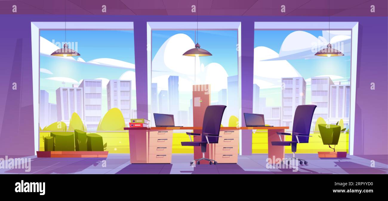 Company office interior with large windows and furniture. Vector ...