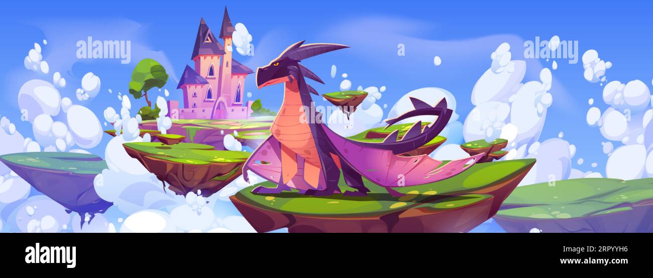 Fantasy castle and magic dragon floating on islands in sky. Vector ...