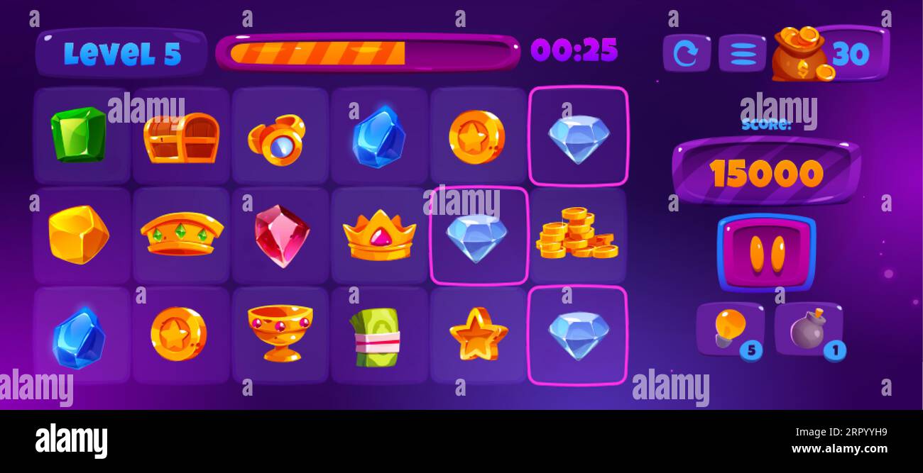 Three in line game ui template. Vector cartoon illustration of gui ...