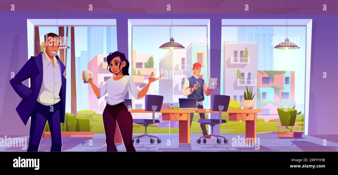 People at work in office interior cartoon background. Computer desk ...