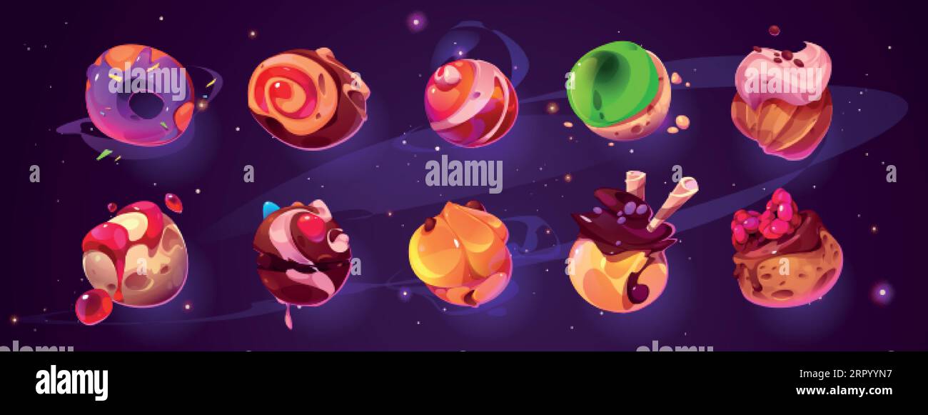 Fantasy candy planet in cartoon game assets set. Vector illustration of ...