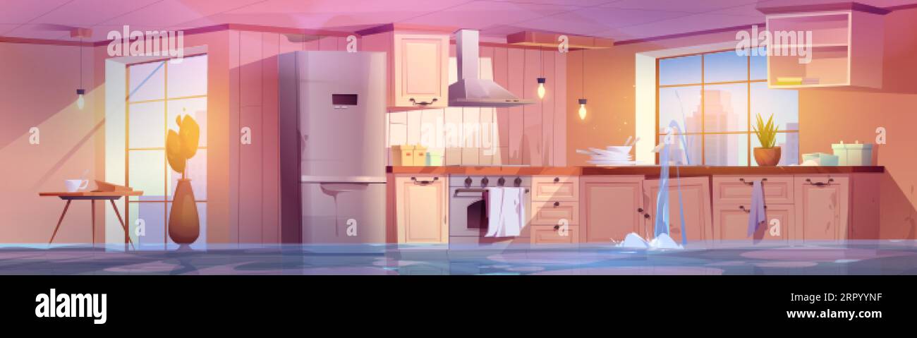 Flood and broken home kitchen room cartoon vector illustration ...