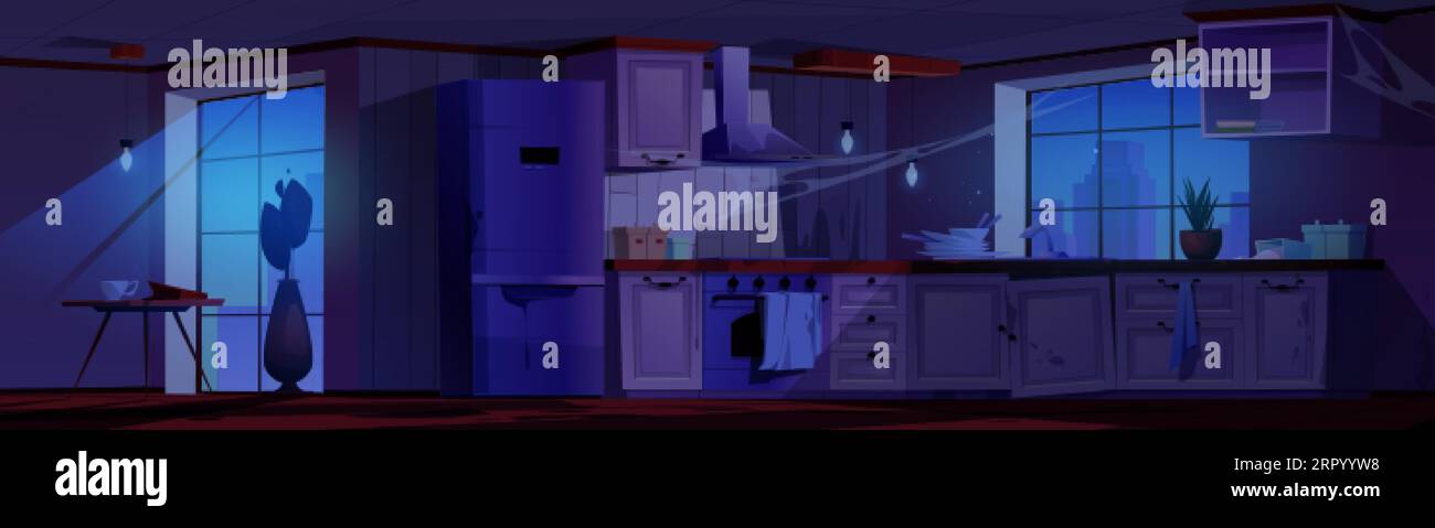 Night abandoned kitchen interior with table cartoon. House rustic room ...