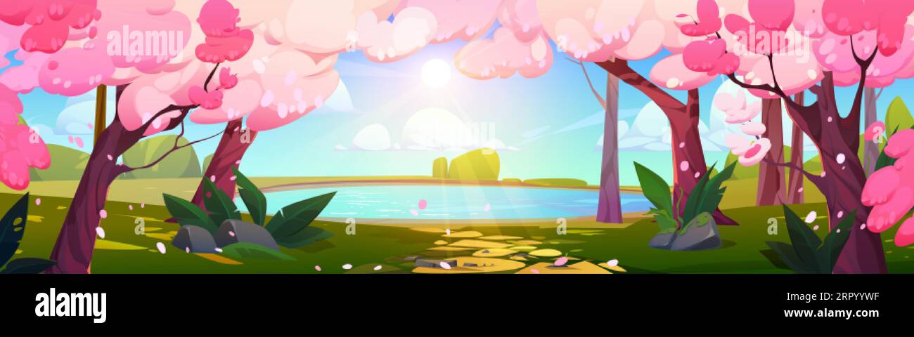 Spring park with sakura and small lake. Vector cartoon illustration of ...