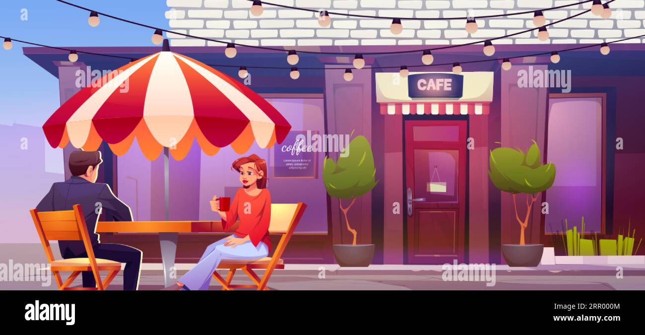 Couple drinking coffee in city street cafe. Vector cartoon illustration ...