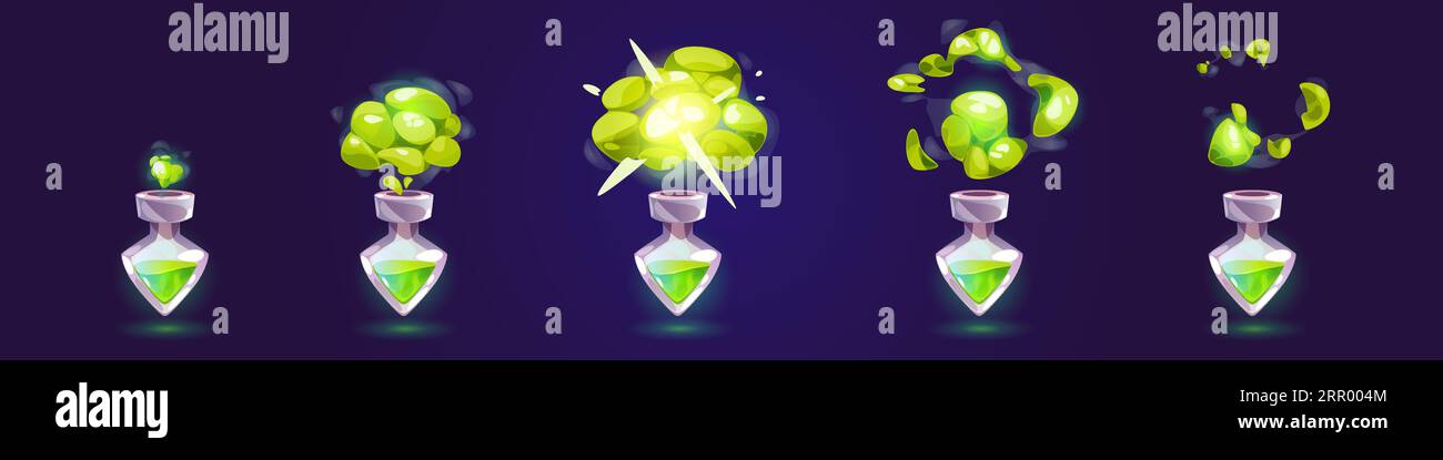 Bottle with magic elixir and green smoke. Cartoon animation stages of ...