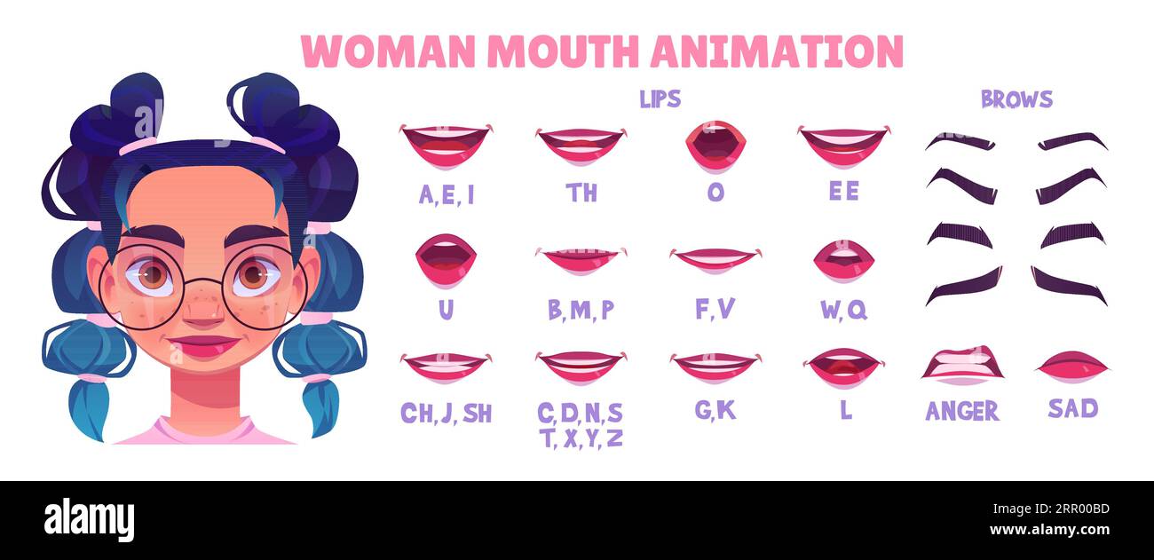 Teen girl mouth animation set isolated on white background. Vector ...