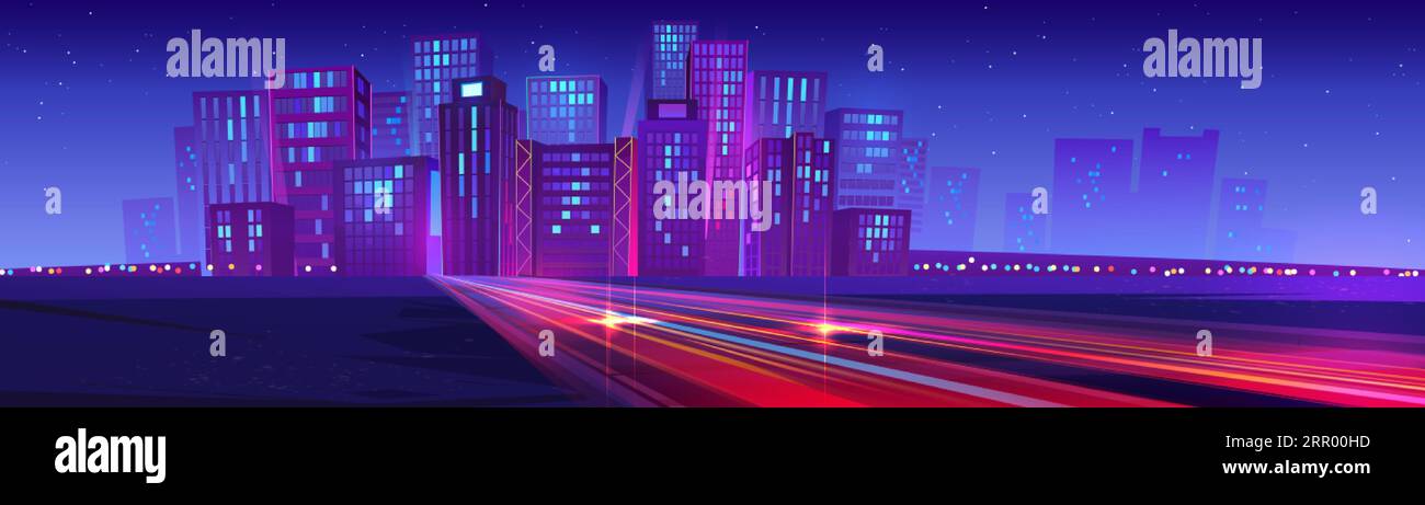 Night neon city with speed road motion background. Abstract skyscraper ...