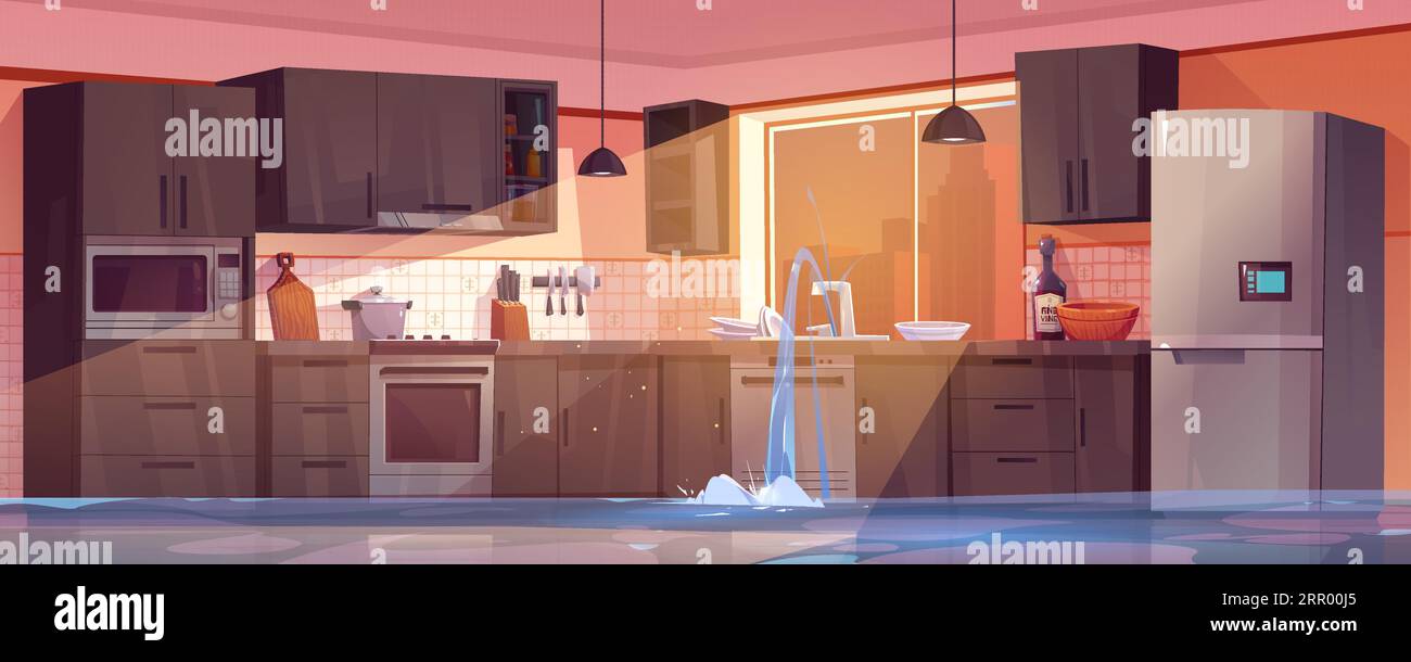Flood in broken home kitchen room with pipe leak vector background ...