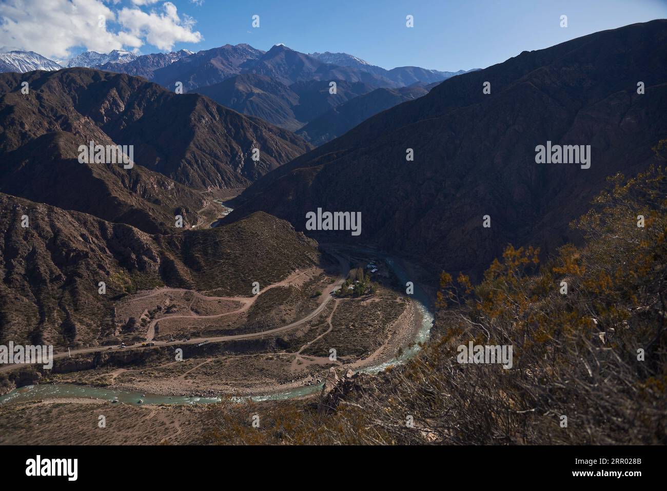 Andean mountainous scenery in Argentina, the Mendoza river flows ...