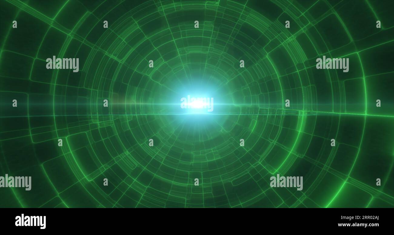 Green energy tunnel with glowing bright electric magic lines scientific ...
