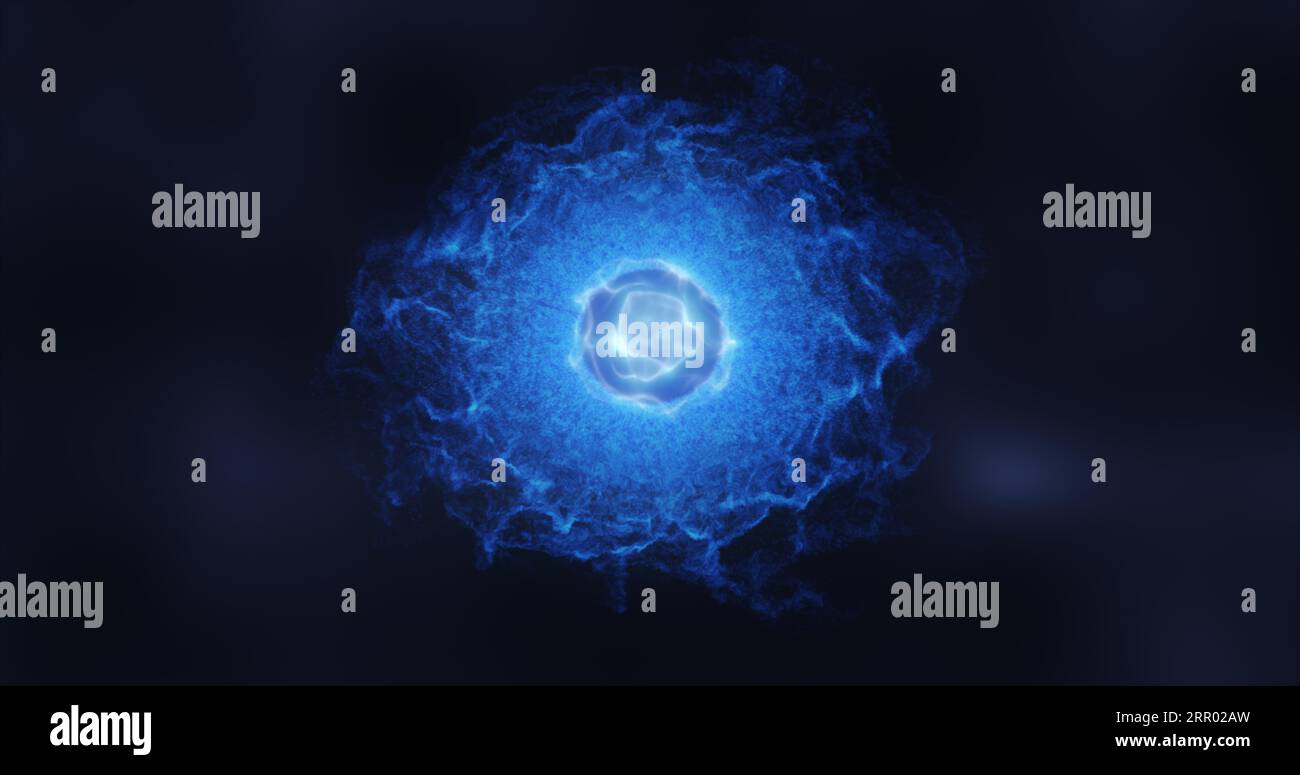 Abstract sphere atom with electrons flying glowing bright particles and ...