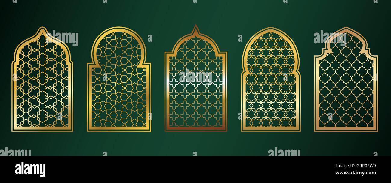 Golden amadan windows. Islamic door frames with ornament. Arabic mosque ...