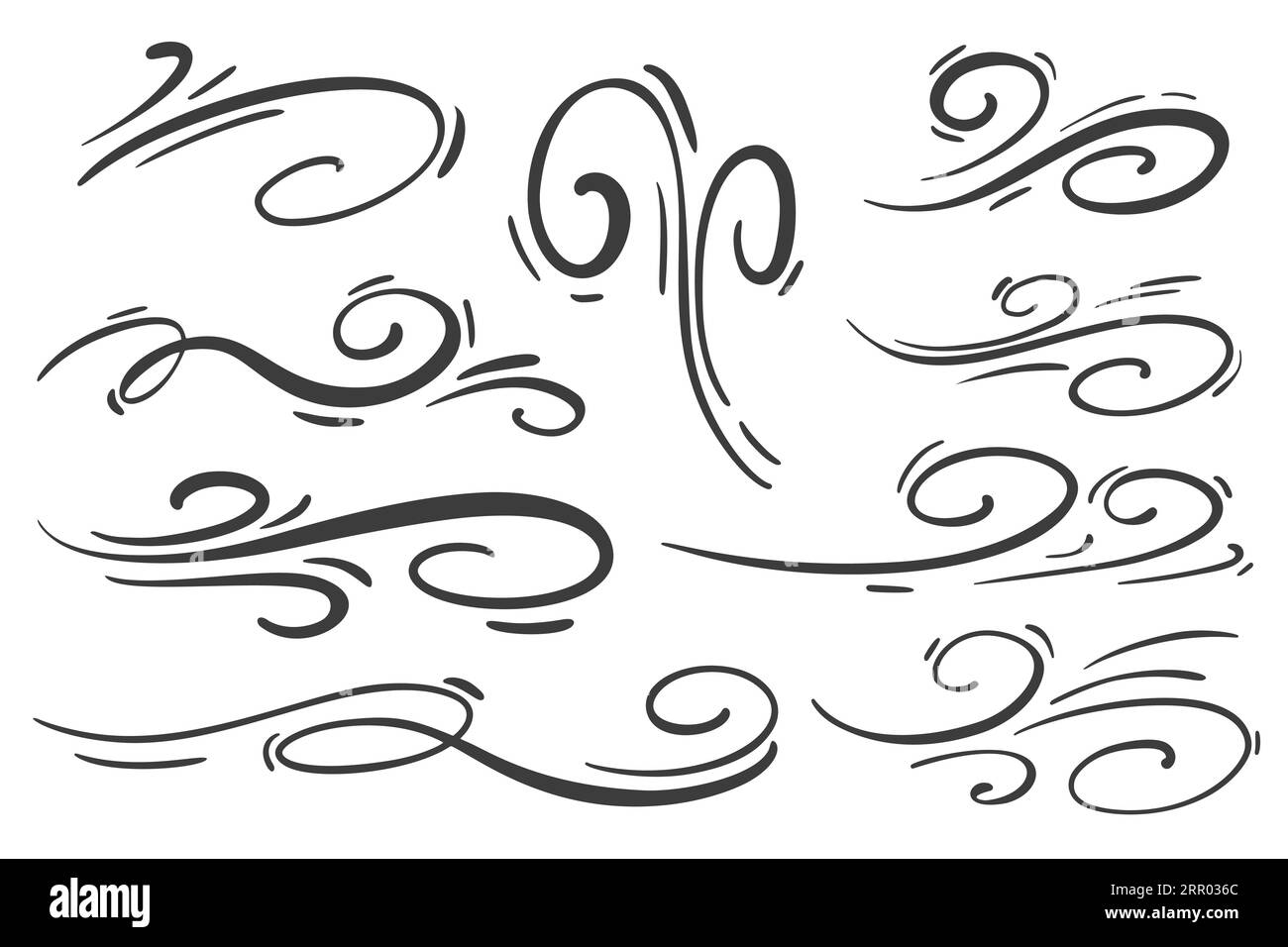 Wind and air motion lines. Hand drawn cartoon sketch. Doodle swirl waves of smoke. Spiral curve ...
