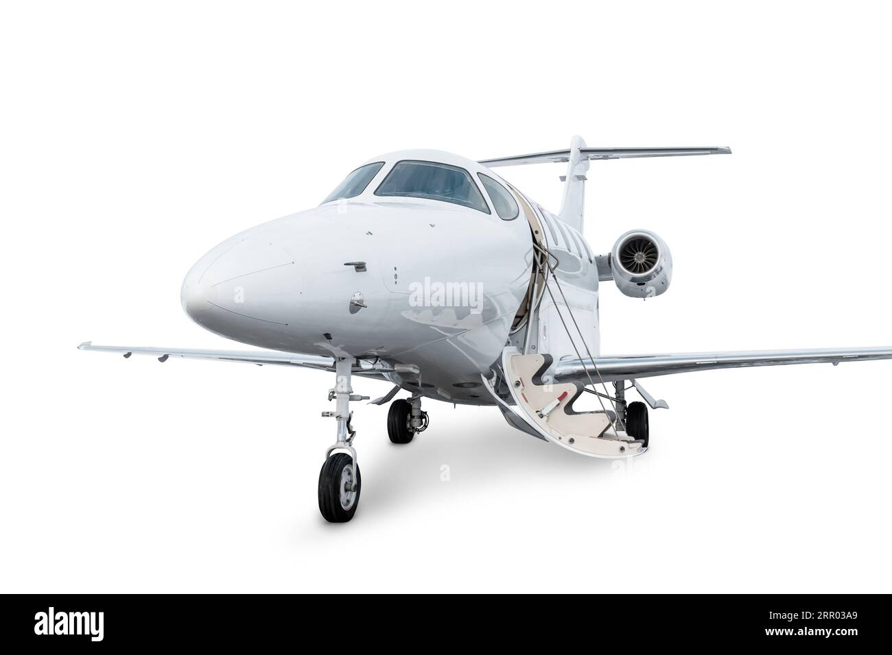Close-up of the modern private jet with an opened gangway door isolated ...