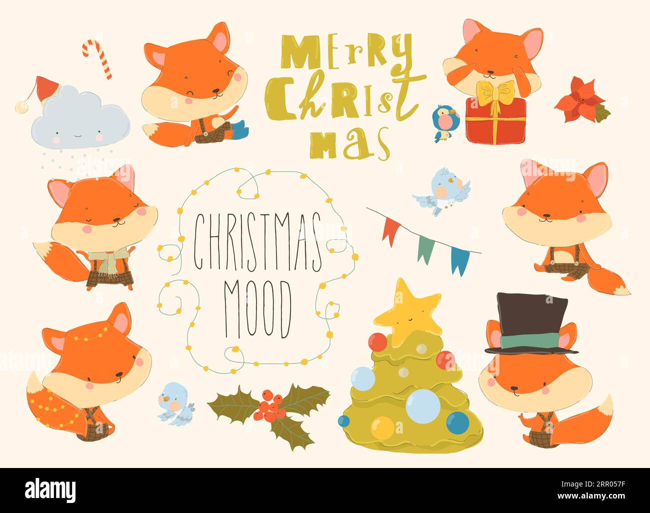 Cute Cartoon Set of Foxes with Christmas Elements Stock Vector Image ...