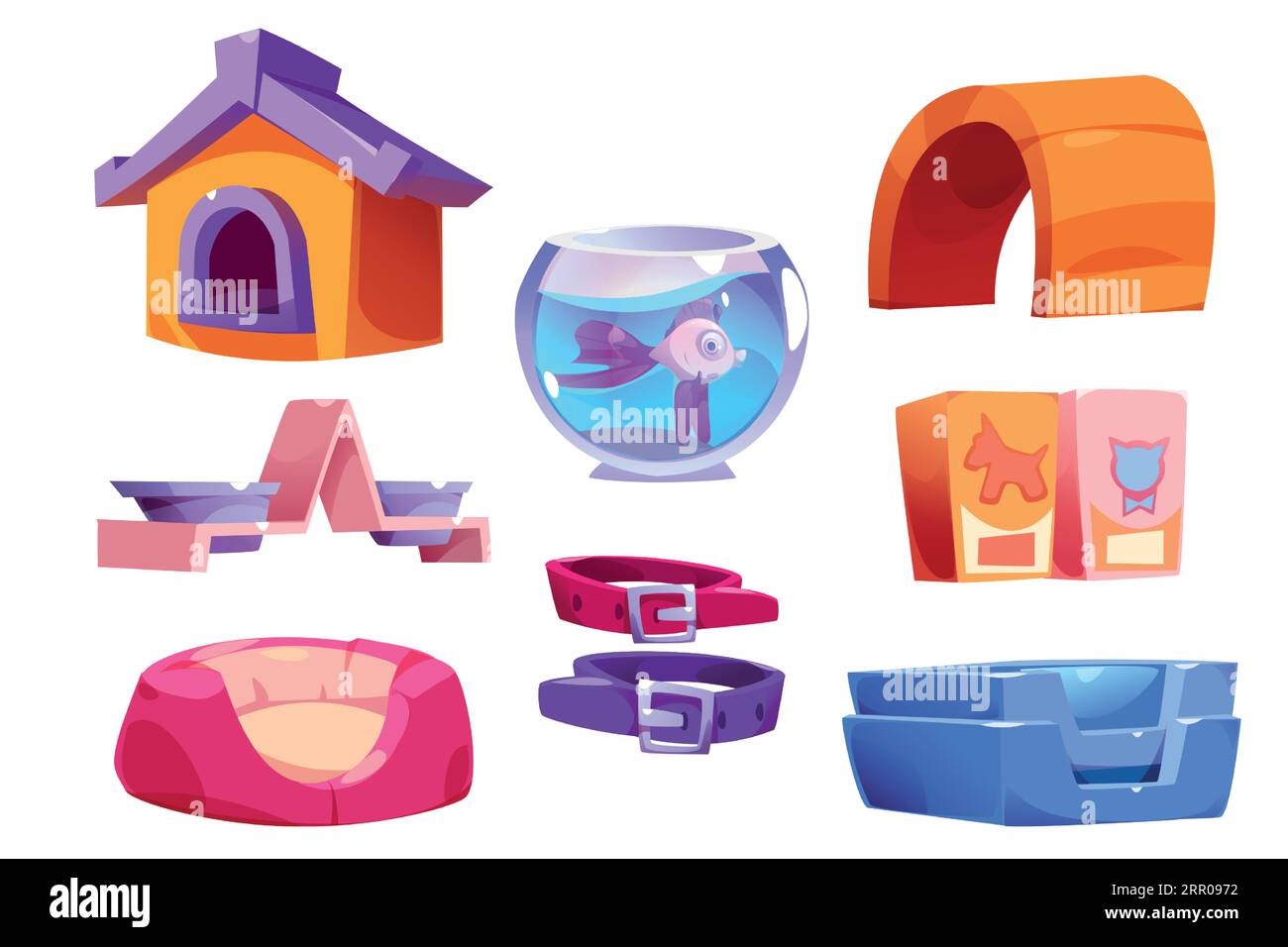 Puppy or dog house and cat food vector care element. Cartoon animals ...
