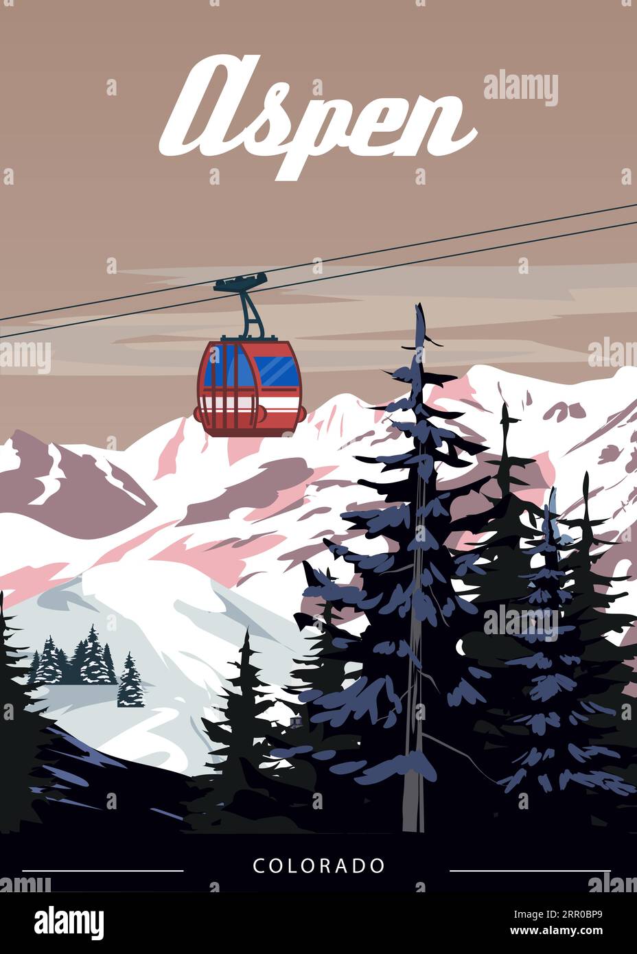 Travel resort Aspen Ski poster retro. Colorado USA winter landscape ...