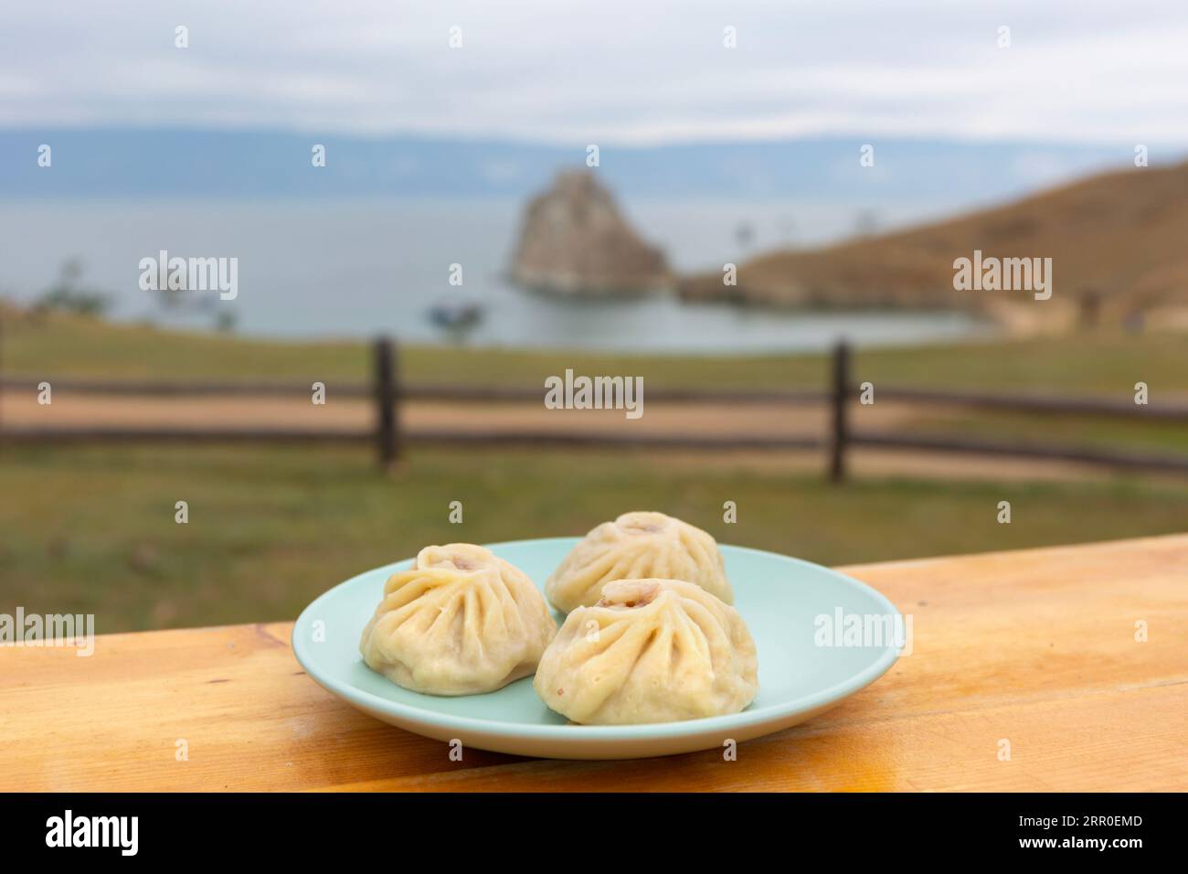 National Buryat Food on the Table on Blur Lake Baikal Background Stock ...
