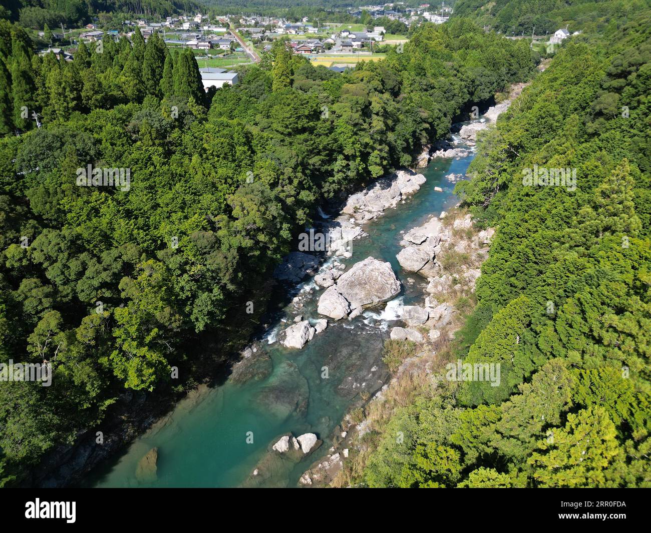 Aerial view of a lush green forest with a winding mountain river snaking through it Stock Photo ...