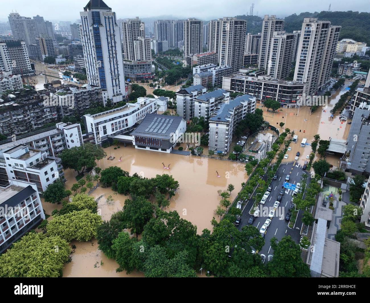 An aerial view of the flooded town central in Fuzhou city in southeast ...