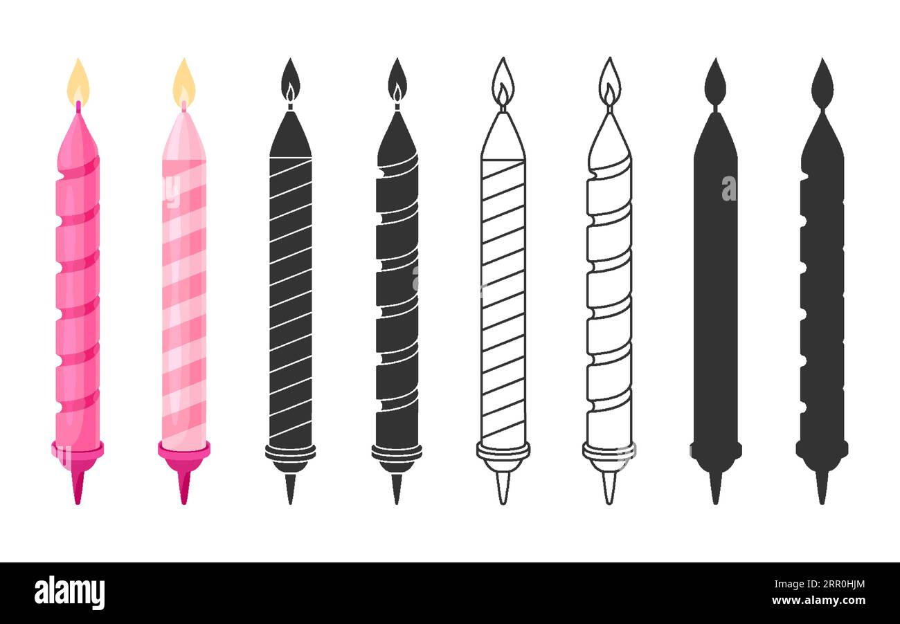Birthday holiday candle striped twisted flat line silhouette set ...