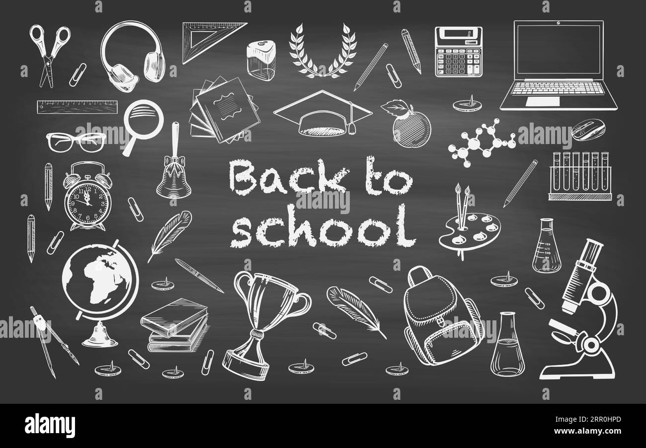 Banner back to school. Sketch style drawing with chalk on a black board ...