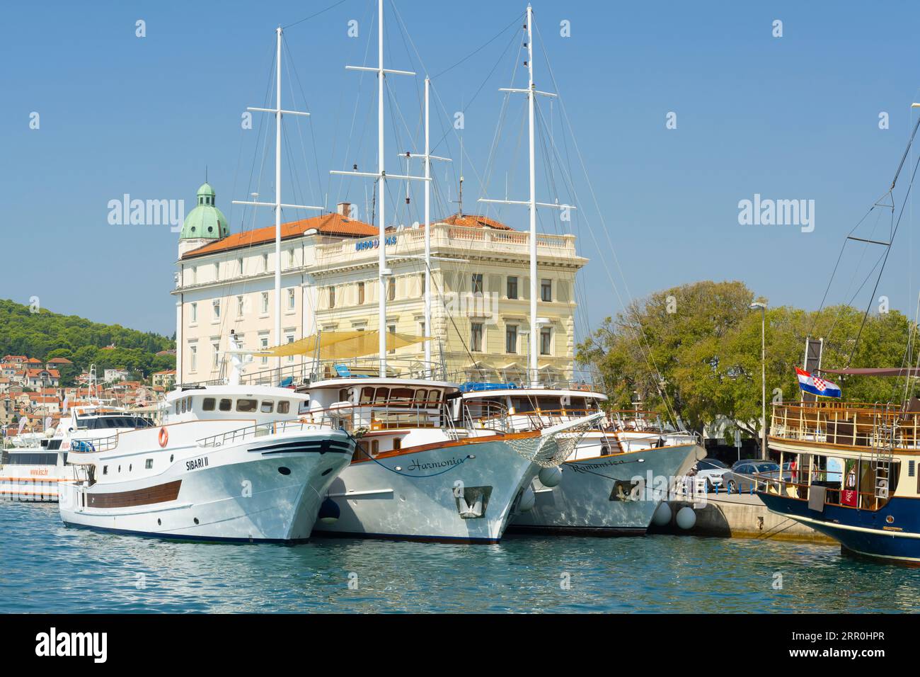 Croatia Split city port harbour large boats ships yachts at moorings ...