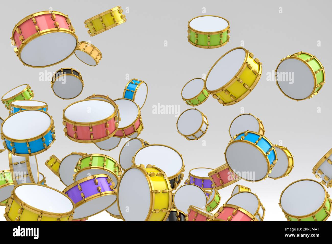 Many of flying drums on white background. 3d render concept of musical ...