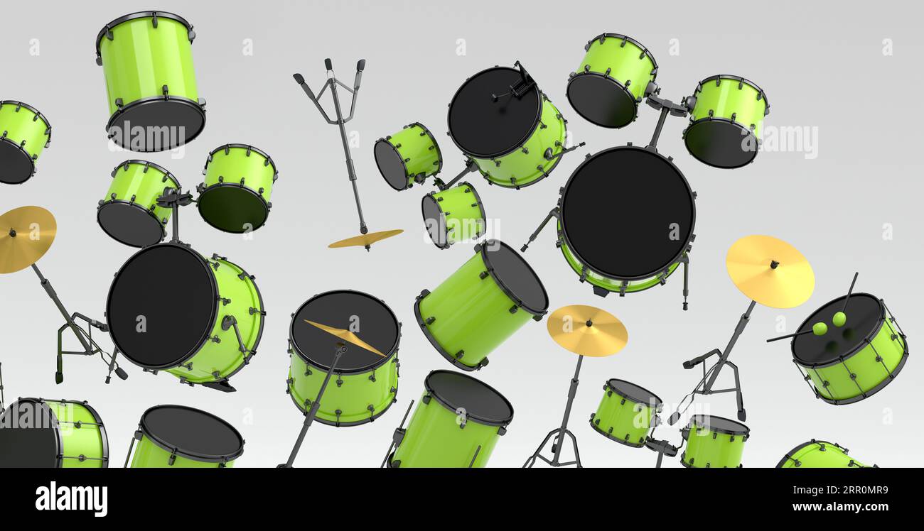 Many of flying drums with metal cymbals on white background. 3d render ...