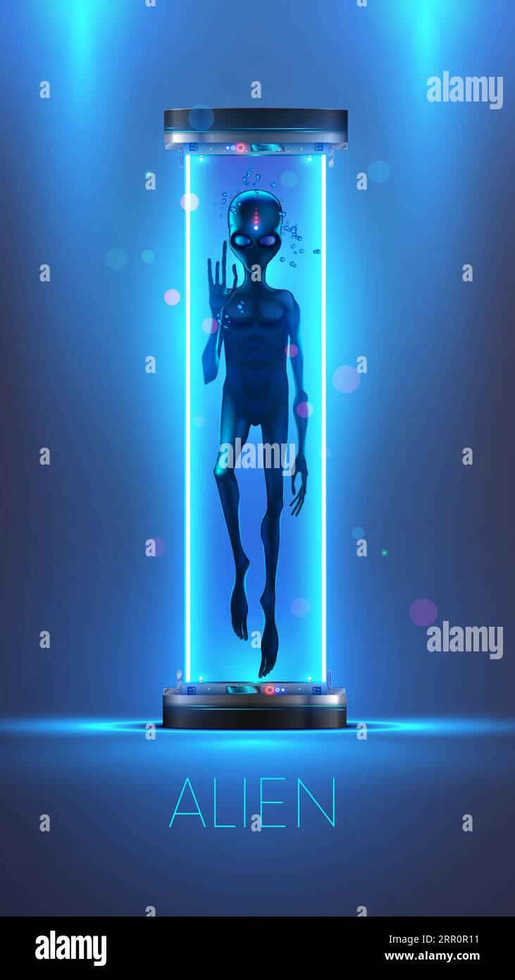 Scary Alien in glass capsule in laboratory. Captive alien in scientific ...