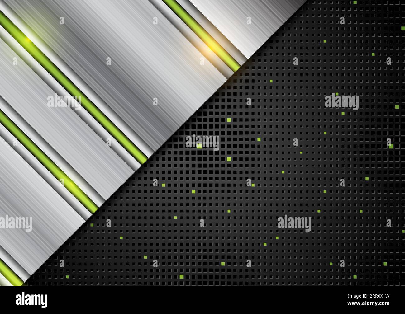 Hi-tech abstract silver metallic background with green glowing light ...